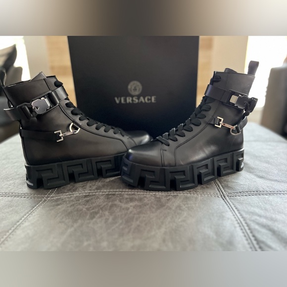 Versace | Shoes | Versace Greca Labyrinth Leather Boots Black 435 ...